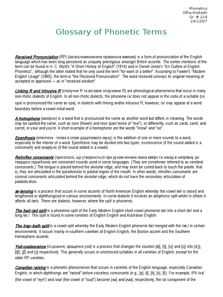 Phonetics Glossary | PDF | English Language | Vowel
