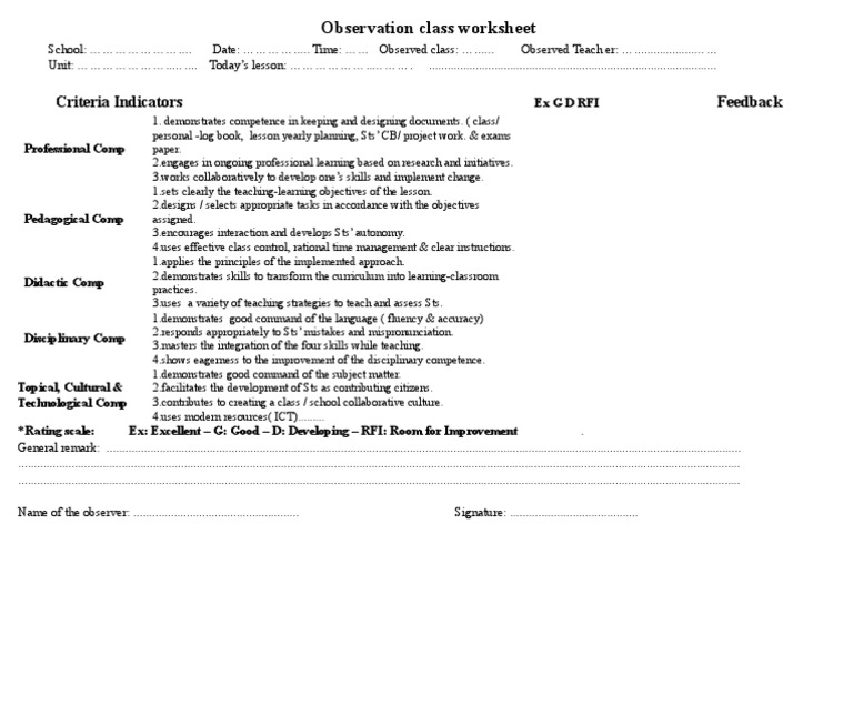 Observation Class Worksheet: Criteria Indicators Feedback | PDF ...