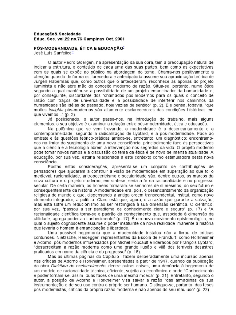Resenha - Educacao Posmodenidade | PDF | Jürgen Habermas | Modernidade