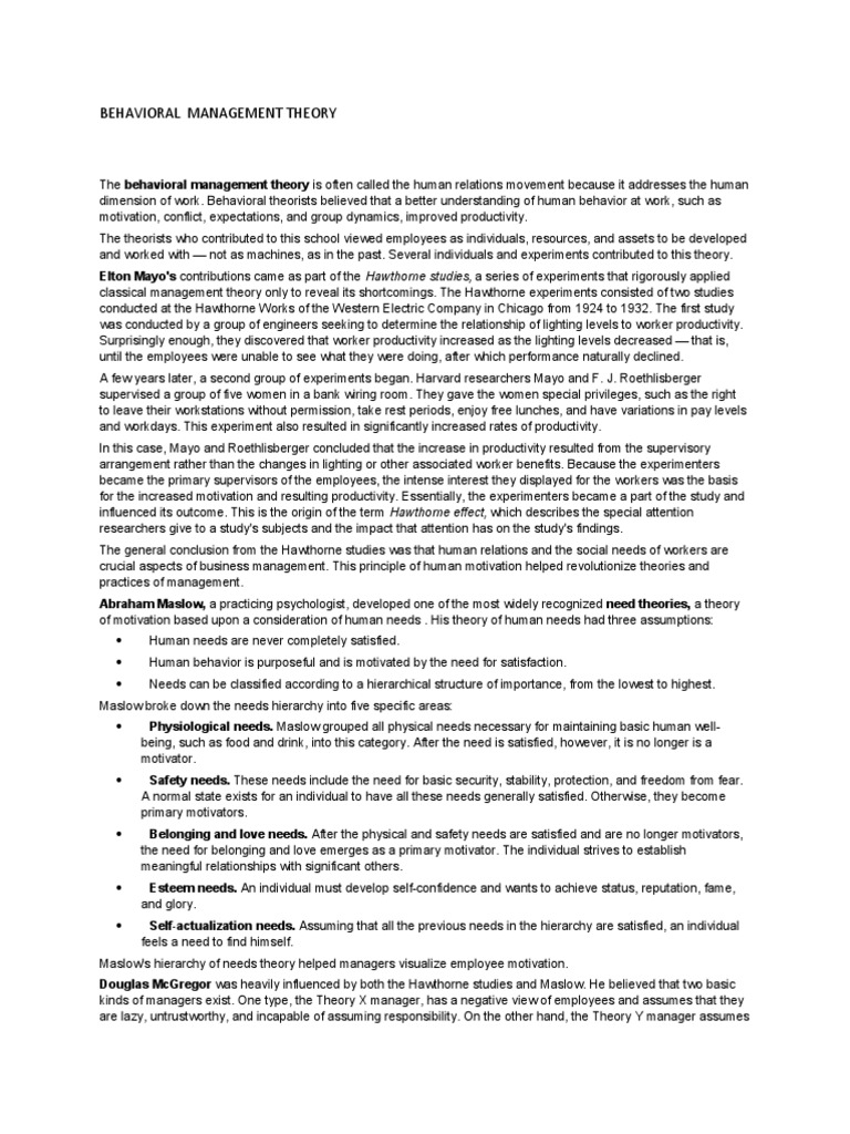 Behavioral Management Theory | PDF | Motivational | Motivation