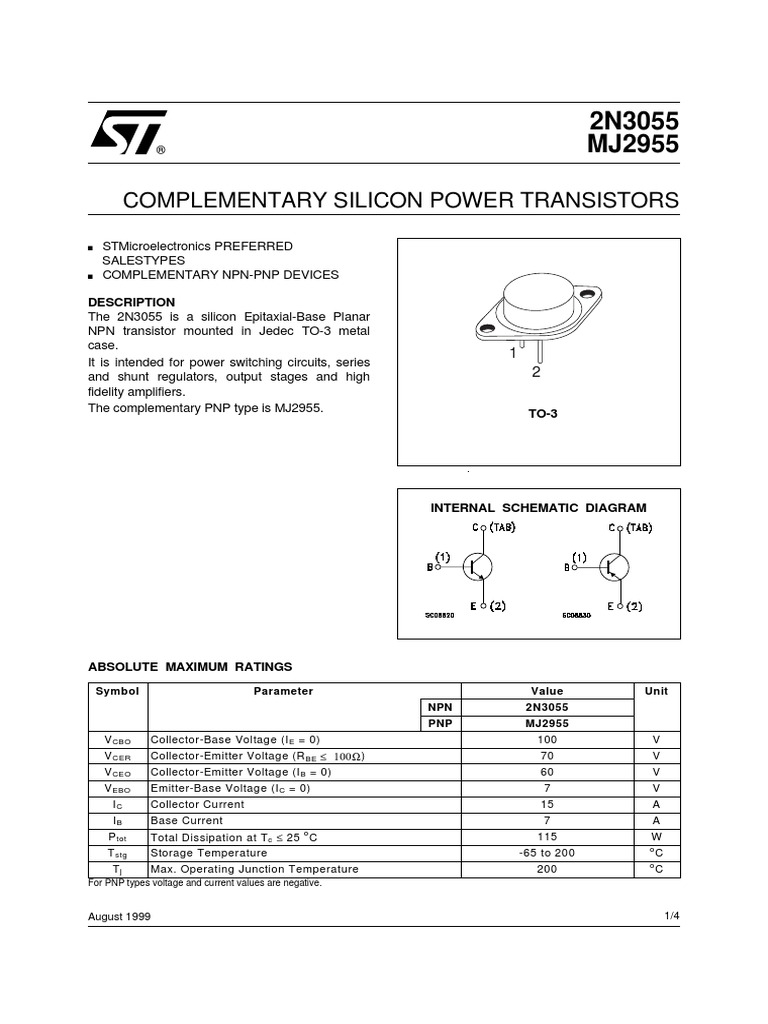 2N3055 Datasheet PDF | PDF | Bipolar Junction Transistor | Electricity