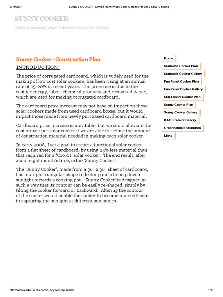 Sunny Cooker Construction Plan | PDF | Equipment | Nature