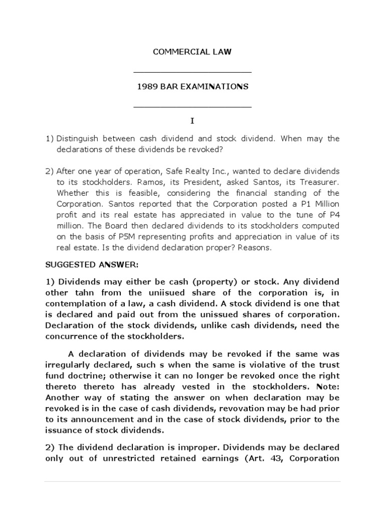 1989 Commercial Law Bar Questions | PDF | Securities (Finance) | Dividend