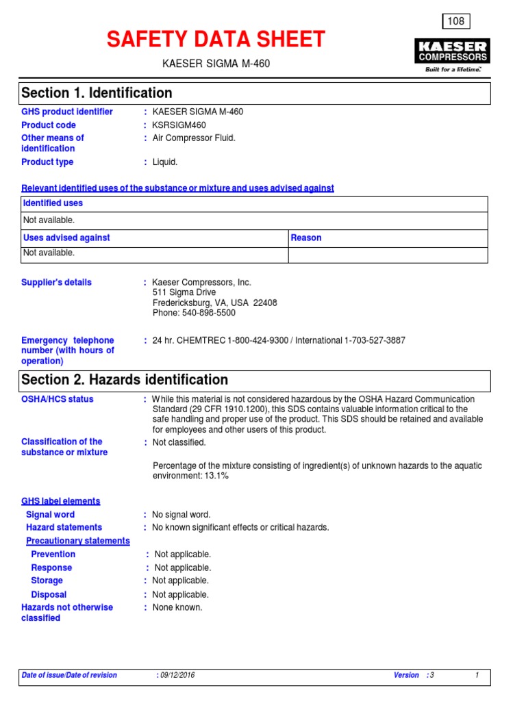 MSDS 108 Sigma M 460 Air Compressor Fluid Tcm9 8533 | PDF | Toxicity ...