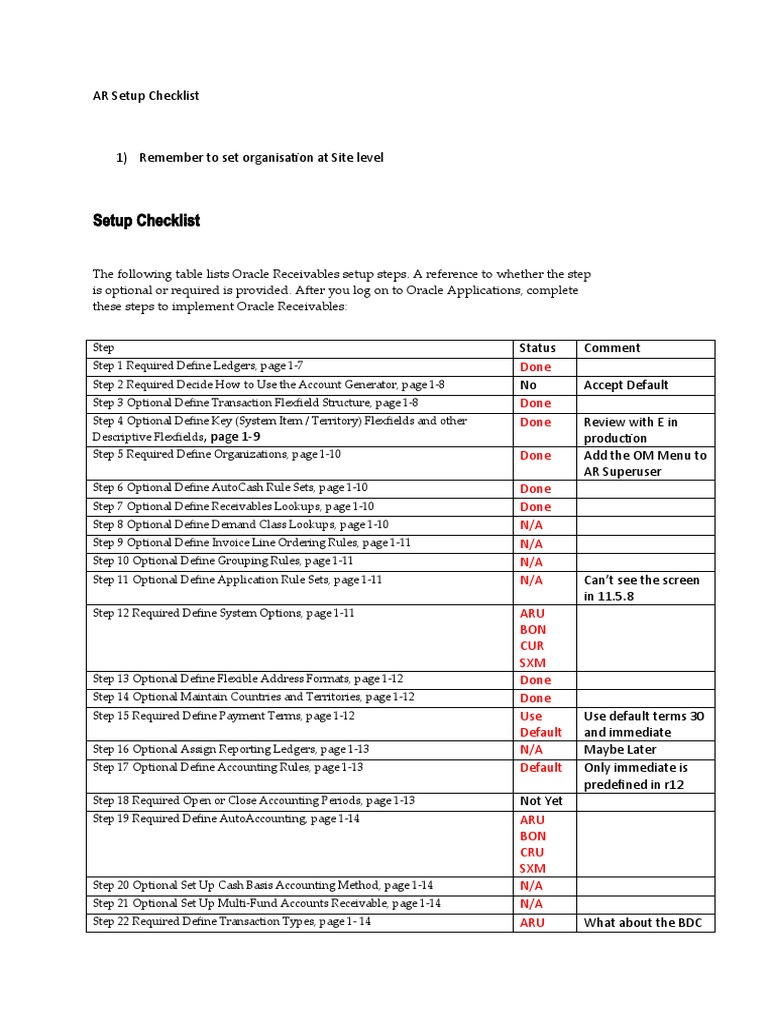 AR Setup Checklist | PDF | Receipt | Software Development
