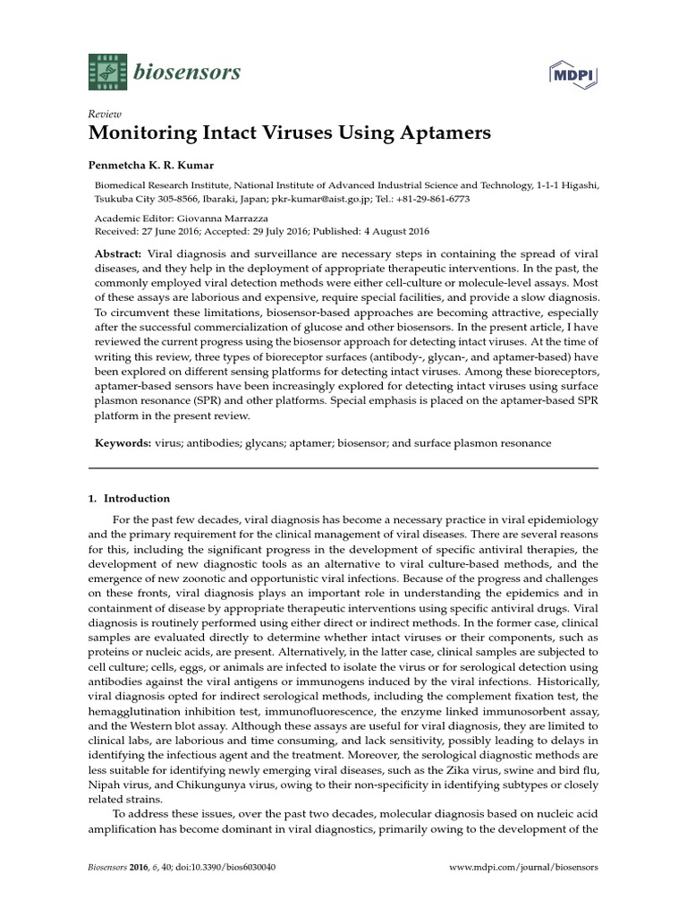 Biosensors: Monitoring Intact Viruses Using Aptamers | PDF | Surface ...