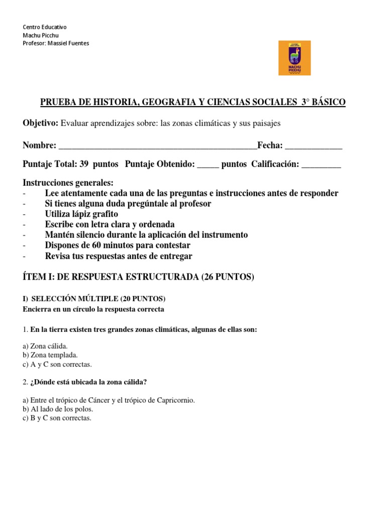 Prueba Zonas Climaticas y Sus Paisajes | PDF | Clima | Clima templado