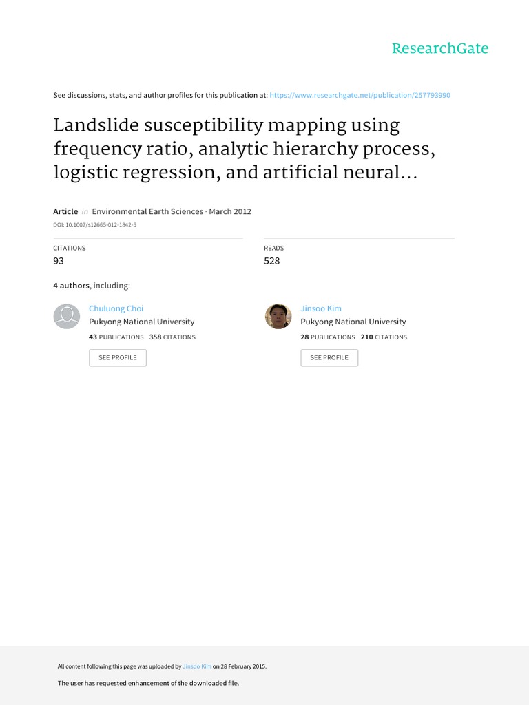 Landslide Susceptibility Mapping Using Frequency Ratio, Analytic Hierarchy Process, Logistic ...