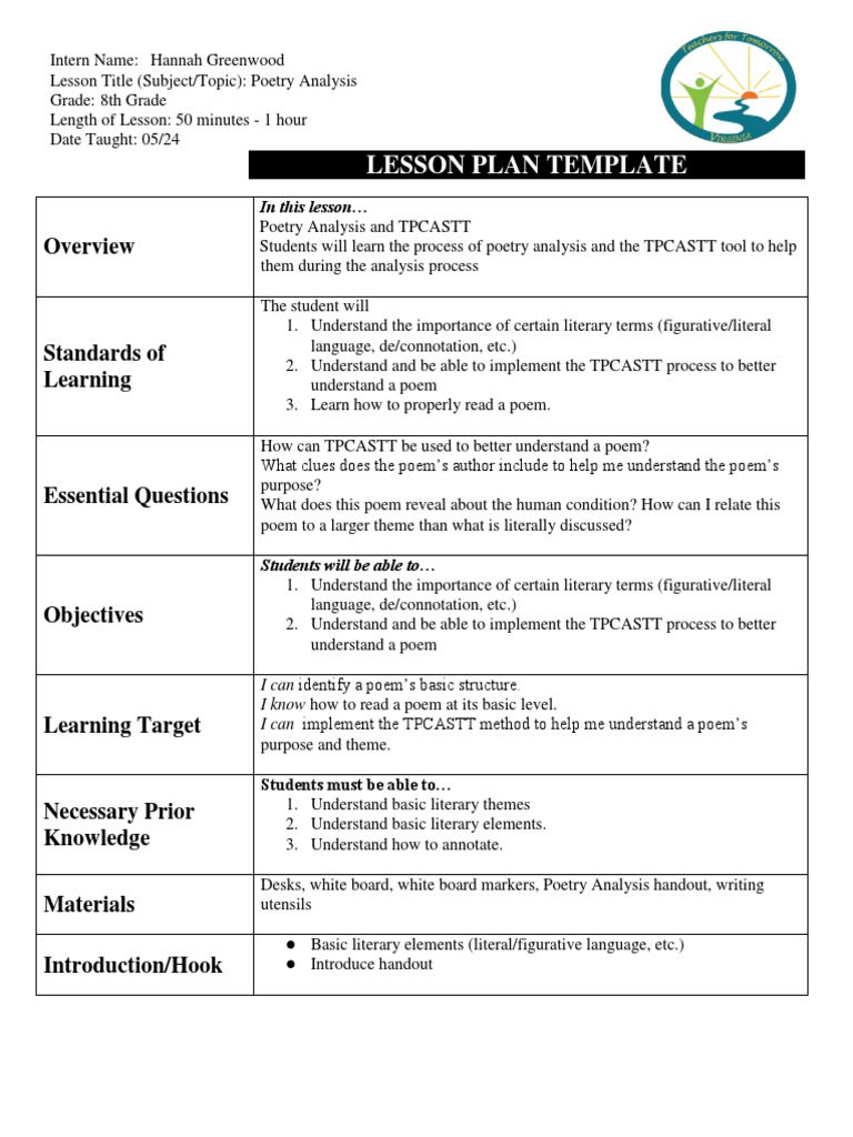 Tpcastt Lesson Plan | PDF | Lesson Plan | Educational Assessment