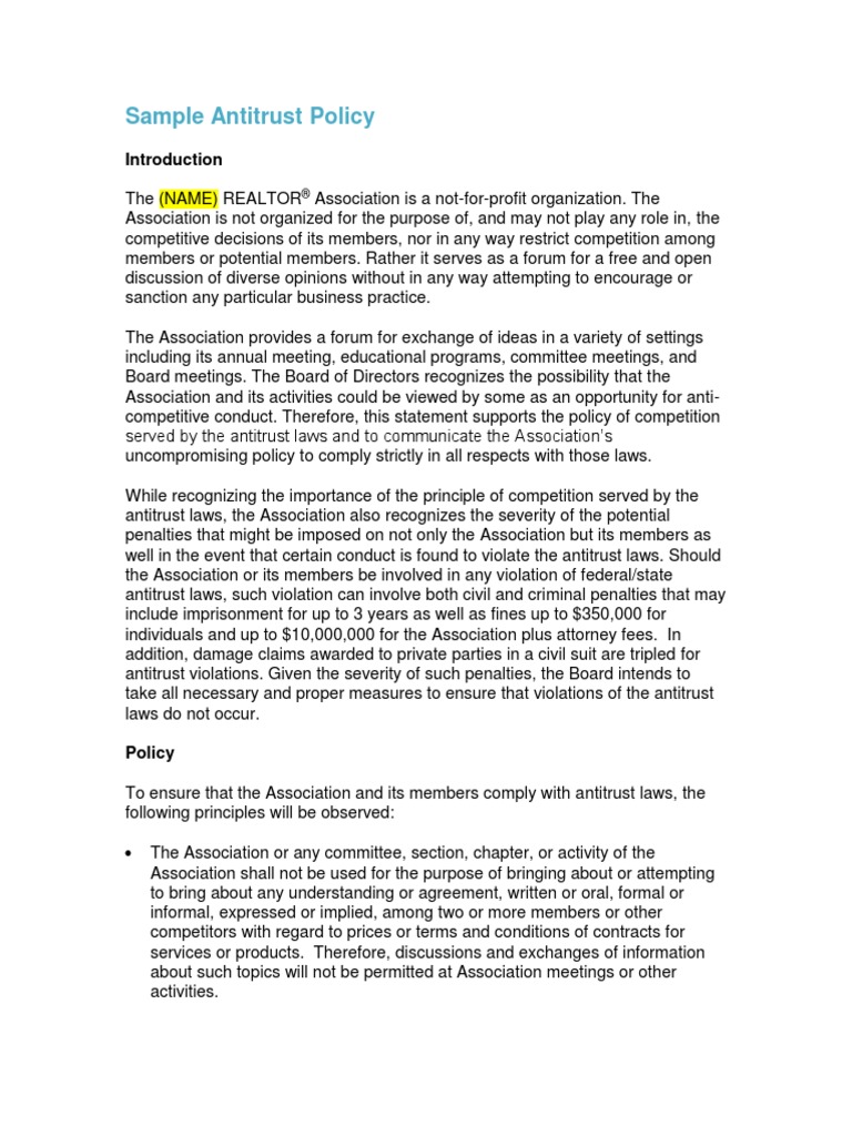 Supplement - Sample Local Association Antitrust Policy | Download Free ...