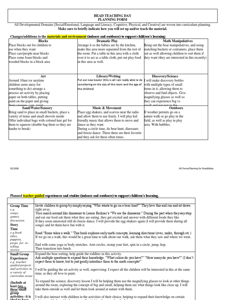Head Teaching Day Planning Form For Preschool Wmels Added 1 | PDF ...