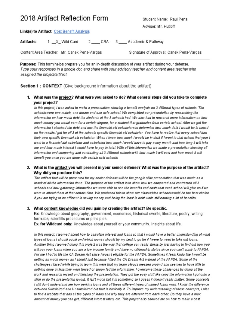 College Finance Artifact Reflection Form - Raul Pena | PDF | Loans | Learning