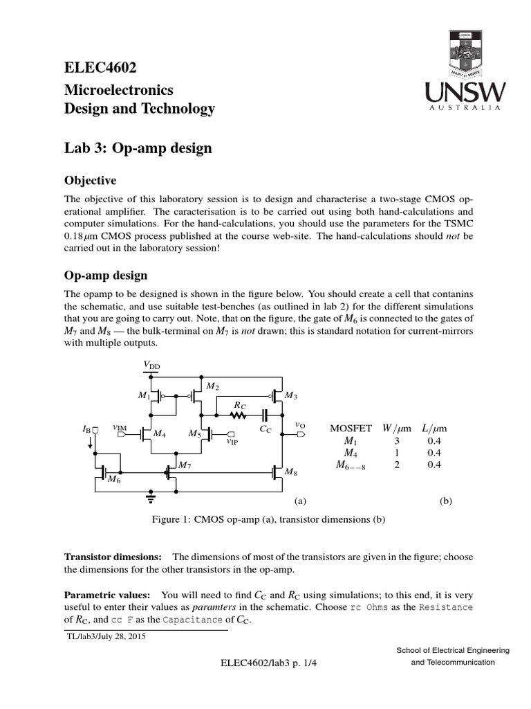 ELEC4602 Microelectronics Design and Technology: Objective | PDF | Operational Amplifier | Amplifier
