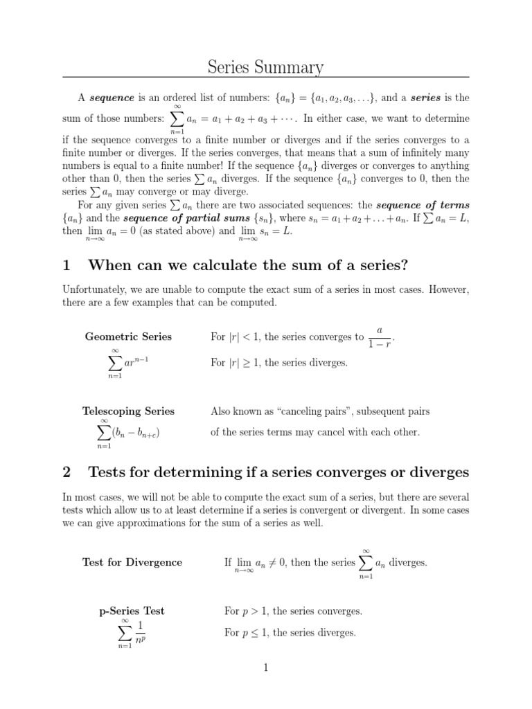 Series Summary: 1 When Can We Calculate The Sum of A Series? | PDF ...