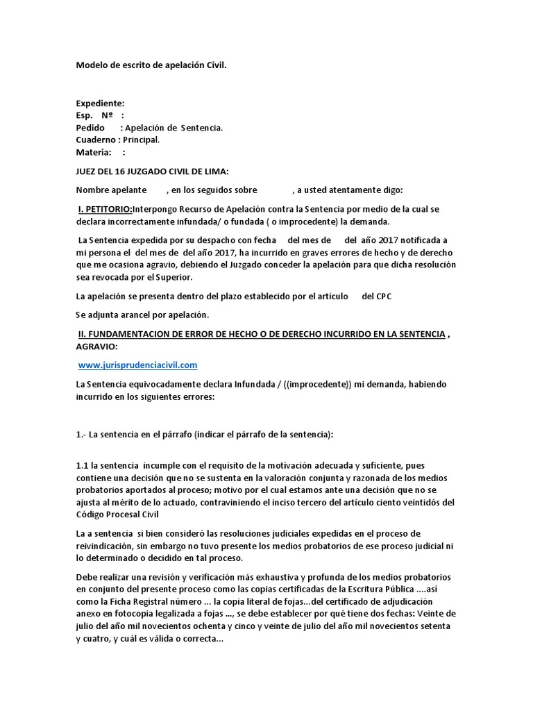 Modelo de Escrito de Apelación Civil | PDF | Apelación | Sentencia (ley)