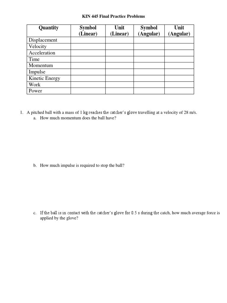 KIN 445 Biomechanics Practice Problems | PDF | Rotation Around A Fixed ...