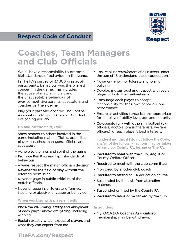 FA Respect Code of Conduct for Coaches | PDF | Referee | Applied Ethics