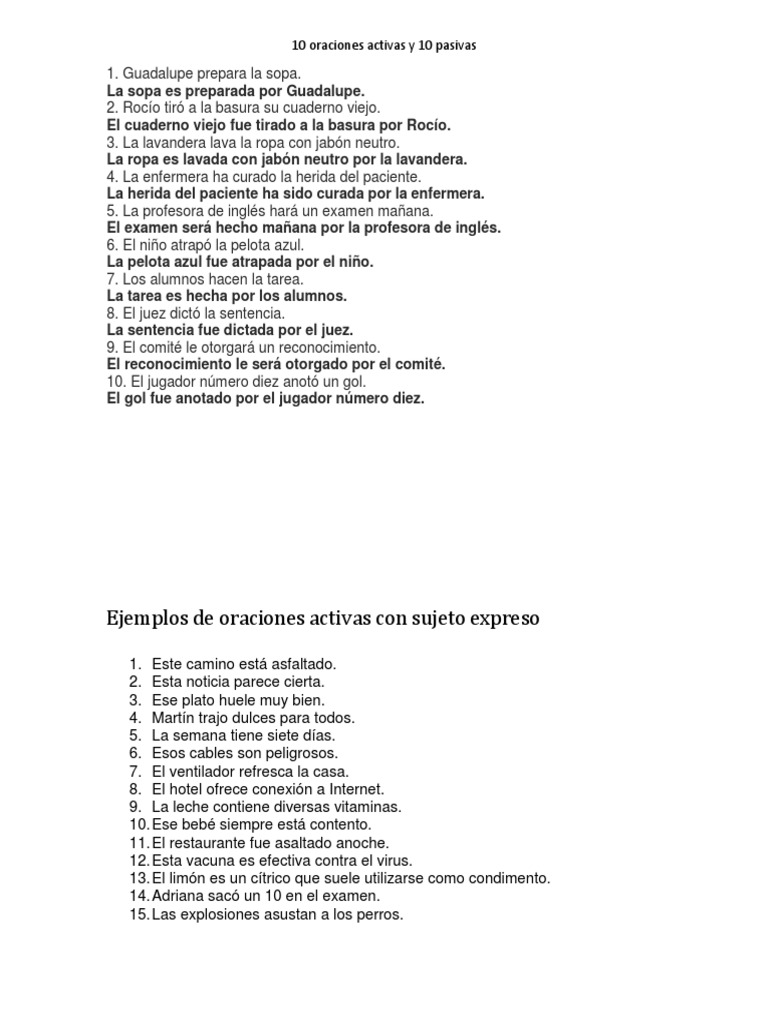 Ejemplos de Oraciones Activas y Pasivas | PDF | Ocio