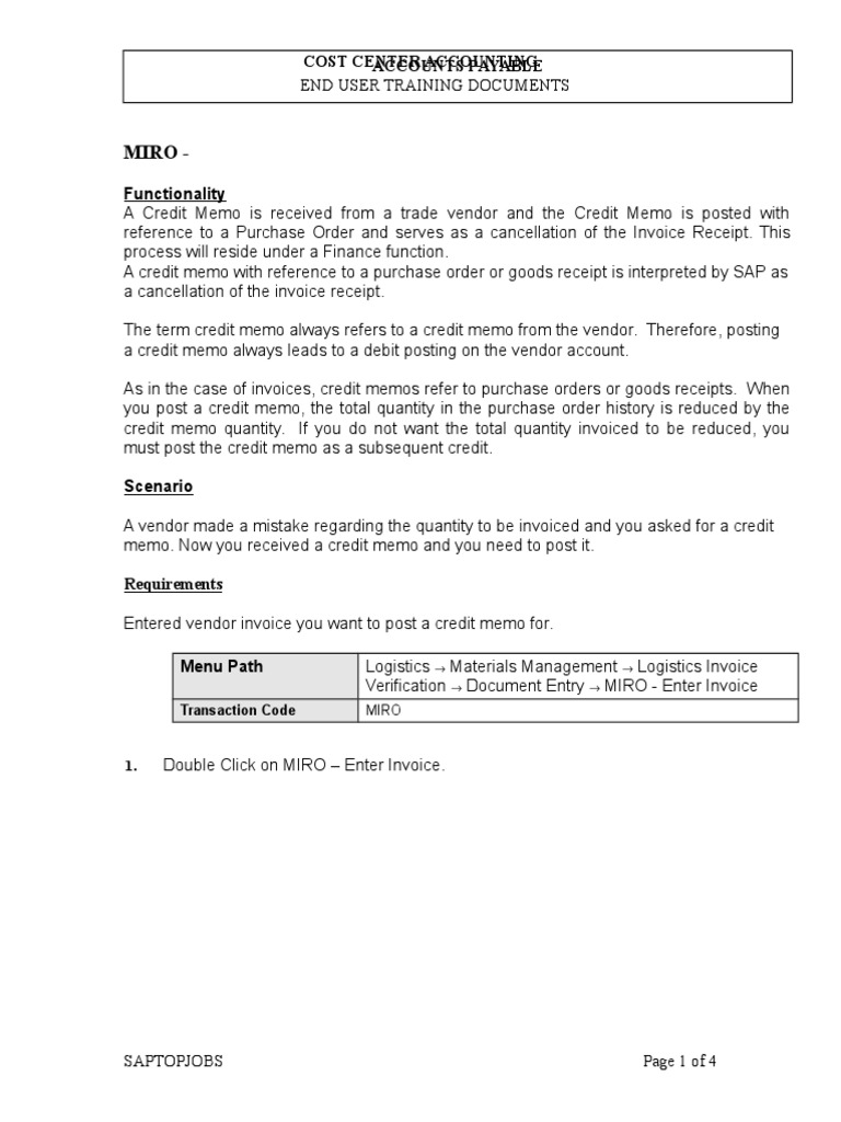 SAP FI MIRO Credit Memo PDF | PDF | Invoice | Accounts Payable