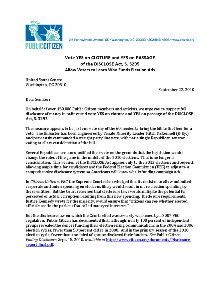 Support The DISCLOSE Act | PDF | Political Law | Government Of The ...