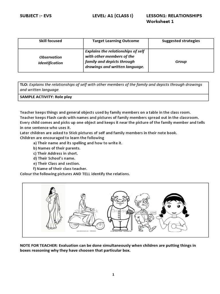 Subject:-Evs Level: A1 (Class I) Lesson1: Relationships Worksheet 1 ...