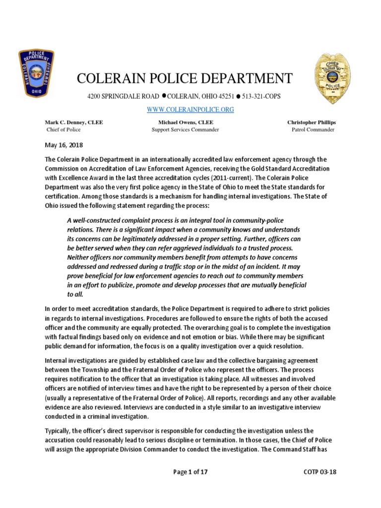 Colerain Police Department internal investigation | Police | Evidence
