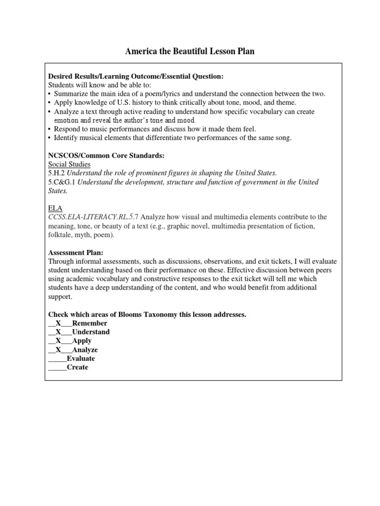 America The Beautiful Lesson Plan For Teaching Portfolio | PDF | Lesson ...