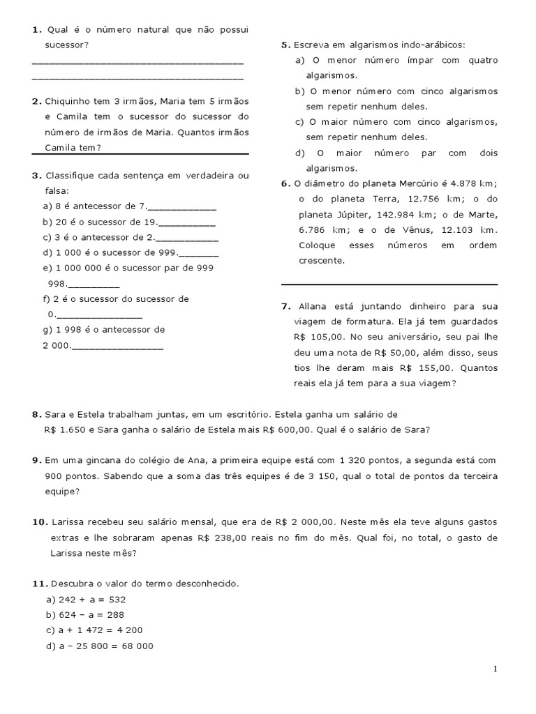 Exer Antecessor e Sucessor 6º Ano | PDF | Planetas | Science