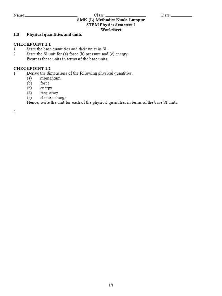 STPM Physics Worksheet: SI Units & Dimensions | PDF