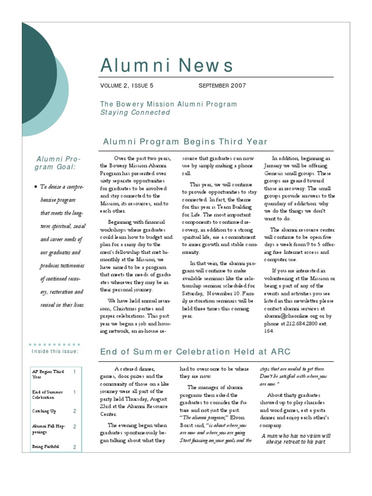 Sep 2007 Alumni Newsletter, Bowery Mission Program | PDF