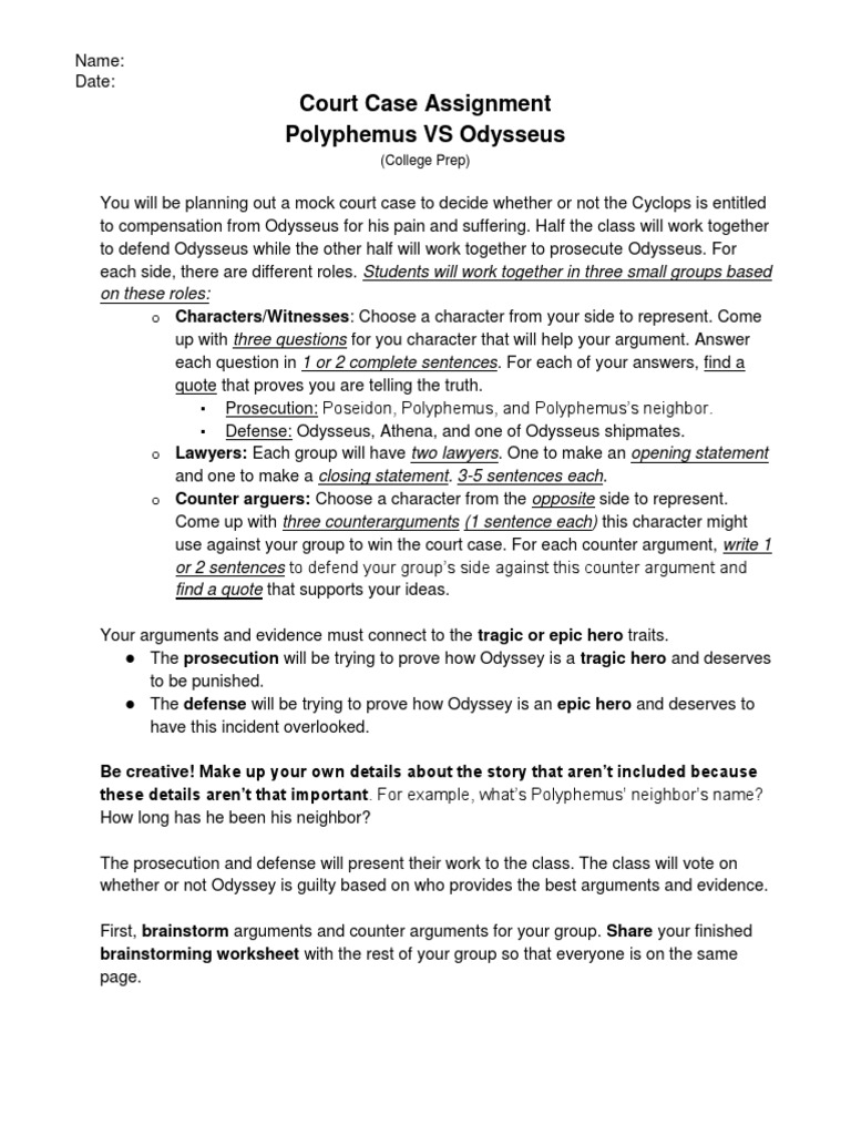 The Odyssey - Structure - Court Case Assignment - College Prep | PDF ...