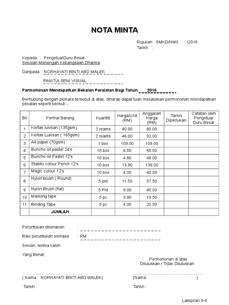 Nota Minta Seni 2016 | PDF