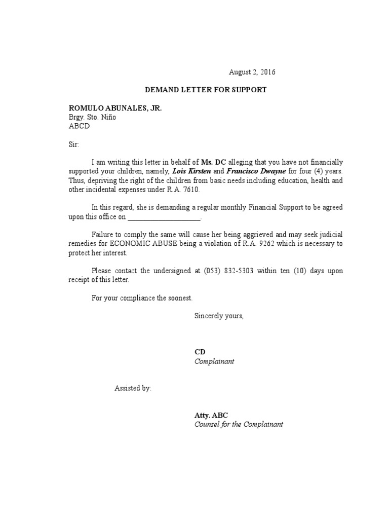 Demand Letter For Child Support | PDF