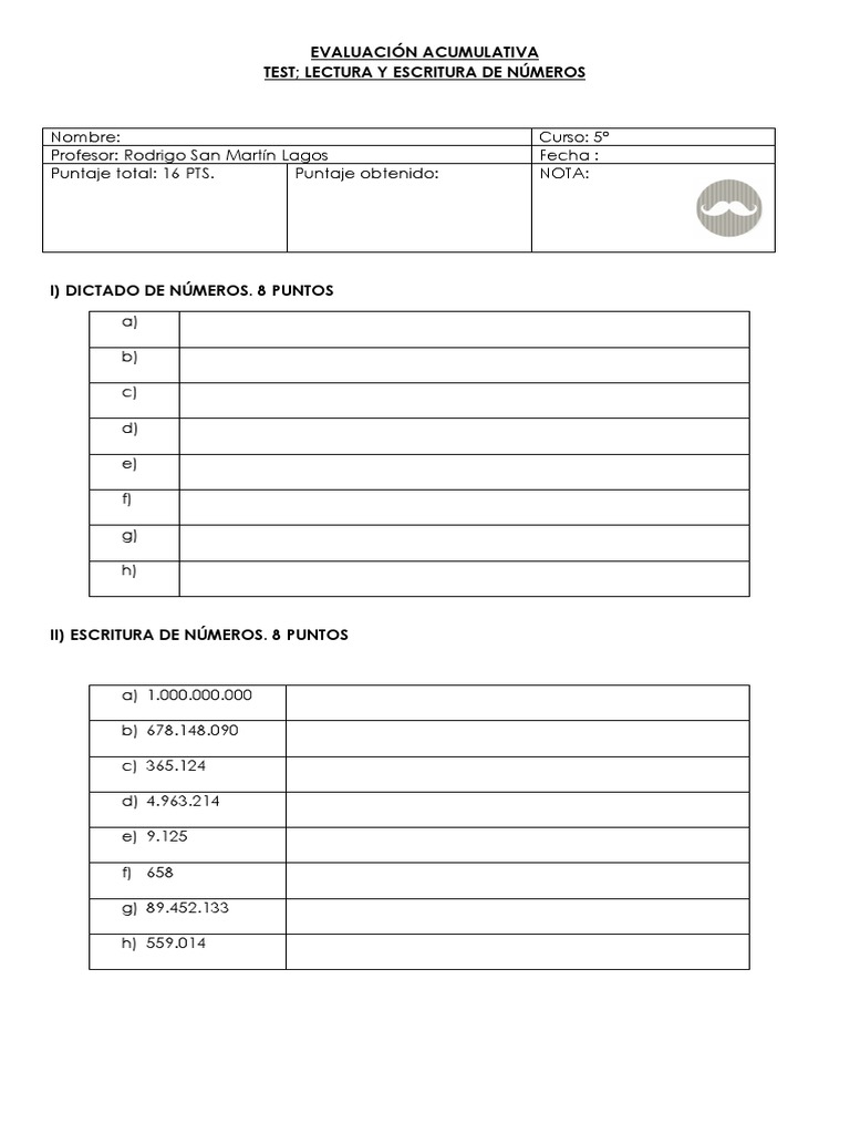 5° Test, Lectura y Escritura de Números | PDF