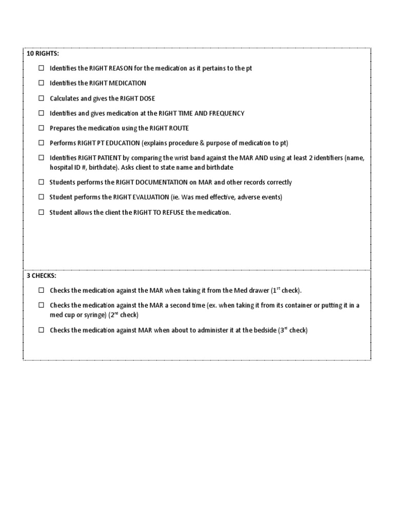 10 Rights and 3 Checks List 2015 | PDF | Pharmacology | Medicine