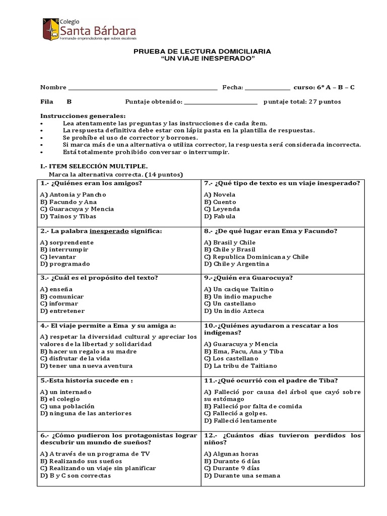 Prueba de lectura: Un viaje inesperado | PDF