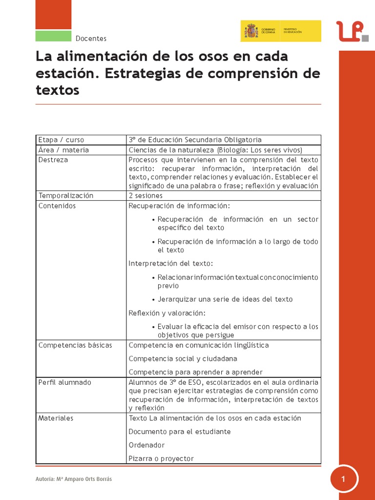 Estrategias de Comprensión: Osos y Alimentación | PDF | Lectura ...