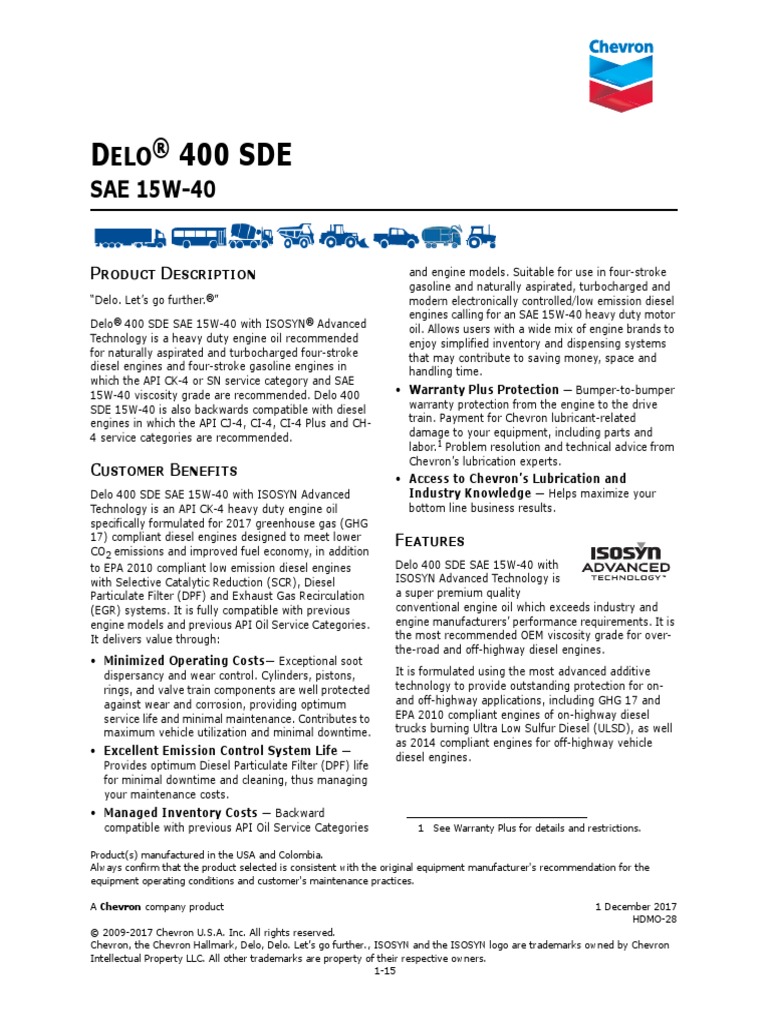 Delo 400 Sde 15W 40 | PDF | Aceite de motor | Motor diesel