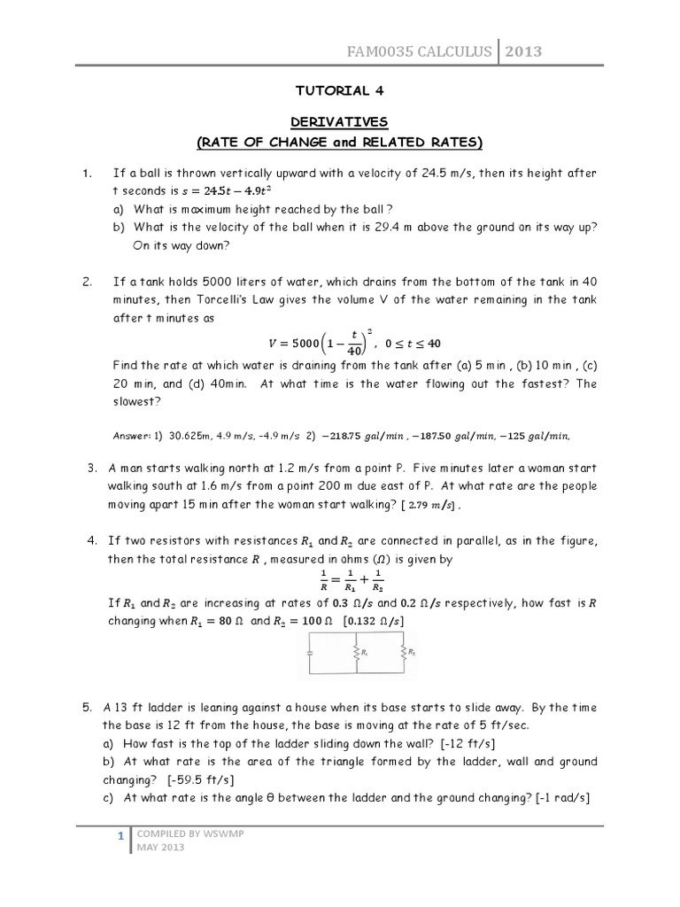 FAM0035 Tutorial 4 Rates of Change, Related Rates | PDF | Volume | Physics