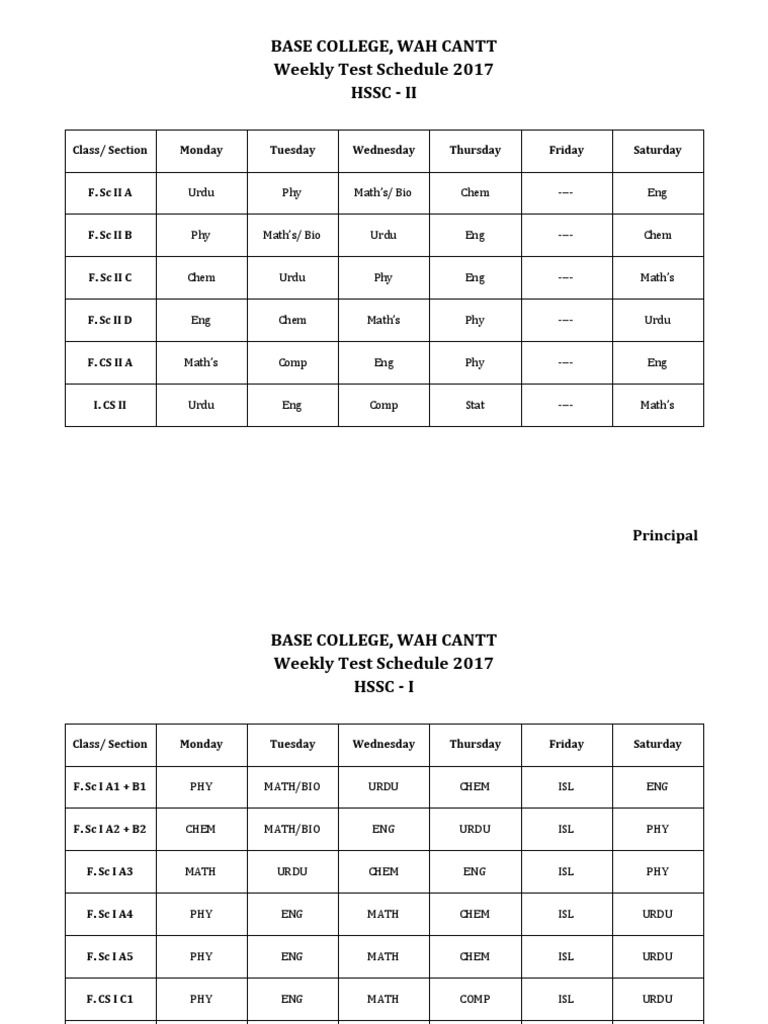 Base College, Wah Cantt Weekly Test Schedule 2017 HSSC - Ii | PDF