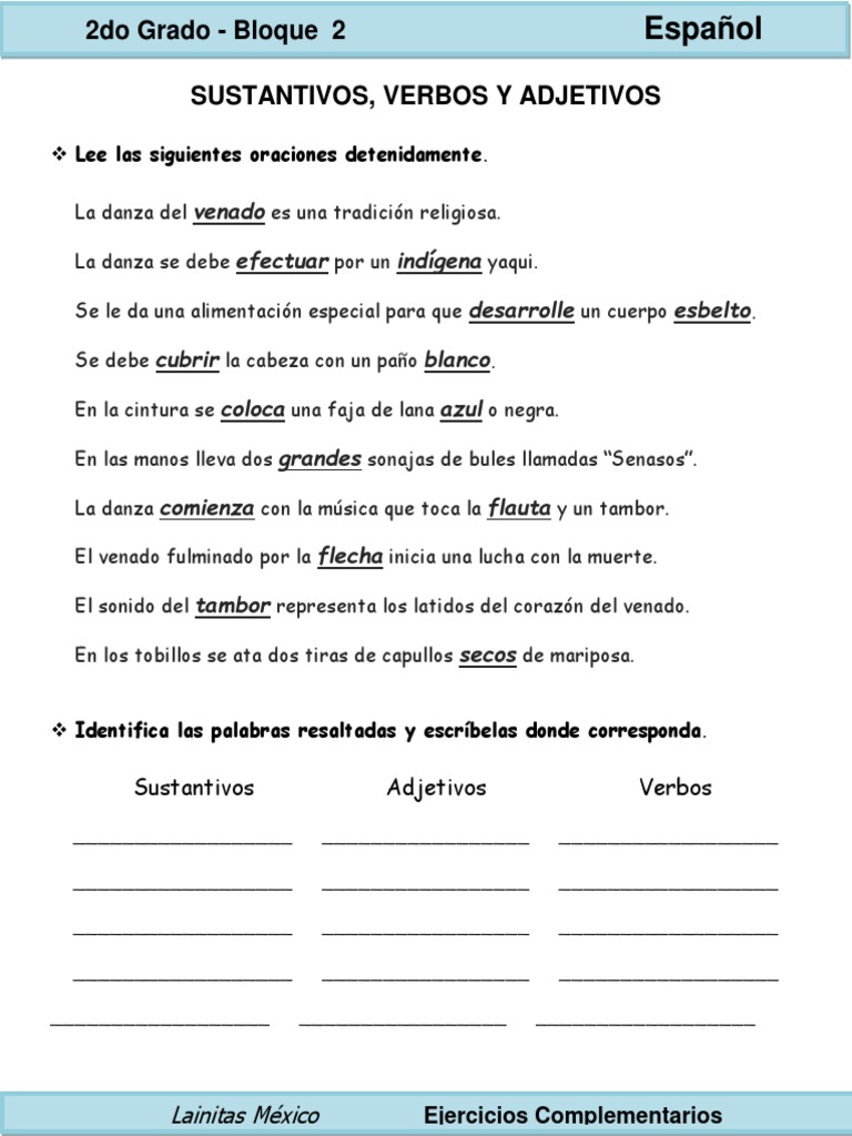 2do Grado - Español - Sustantivos, Verbos y Adjetivos | PDF