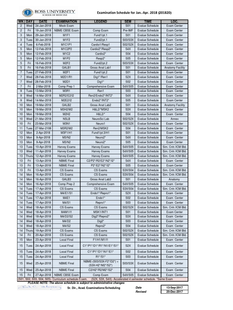 WK Day Date Examination Legend SEM Time Loc.: Examination Schedule For ...