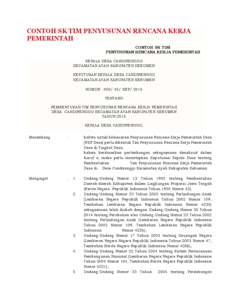 Contoh SK Tim Penyusunan Rencana Kerja Pemerintah | PDF | Pengelolaan Keuangan & Uang
