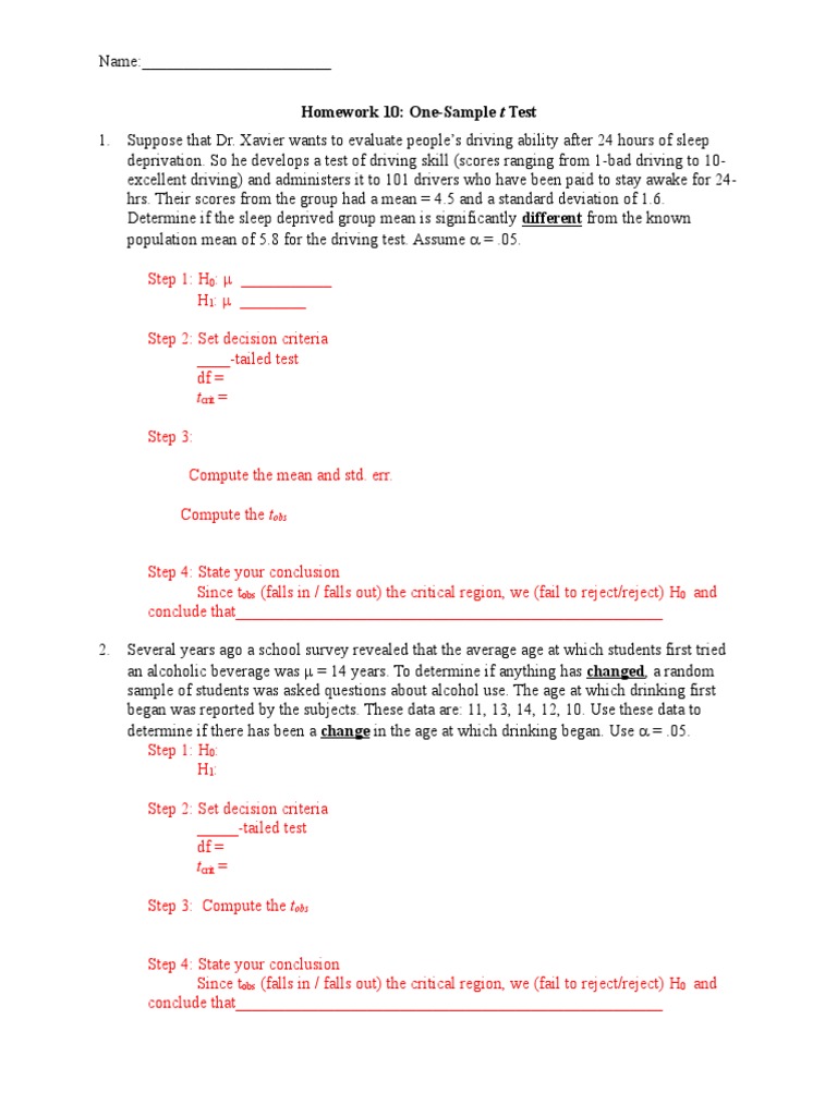 Homework 10: One-Sample T Test | PDF | Student's T Test | Cognition