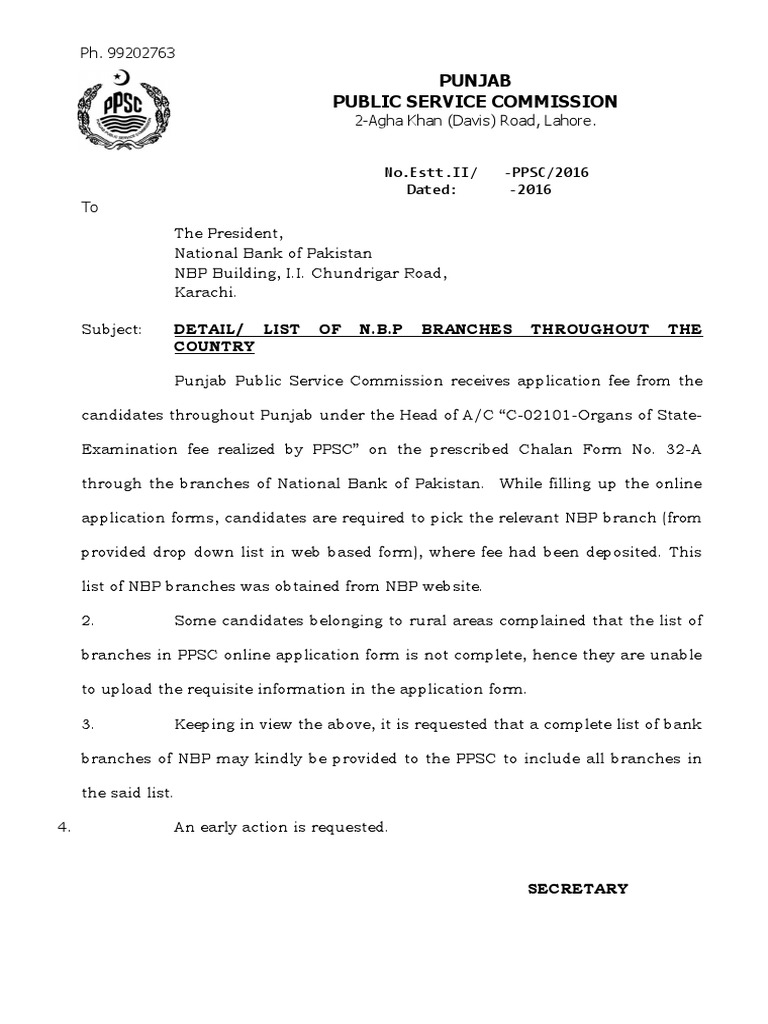 Punjab Public Service Commission: Detail/ List of N.B.P Branches ...