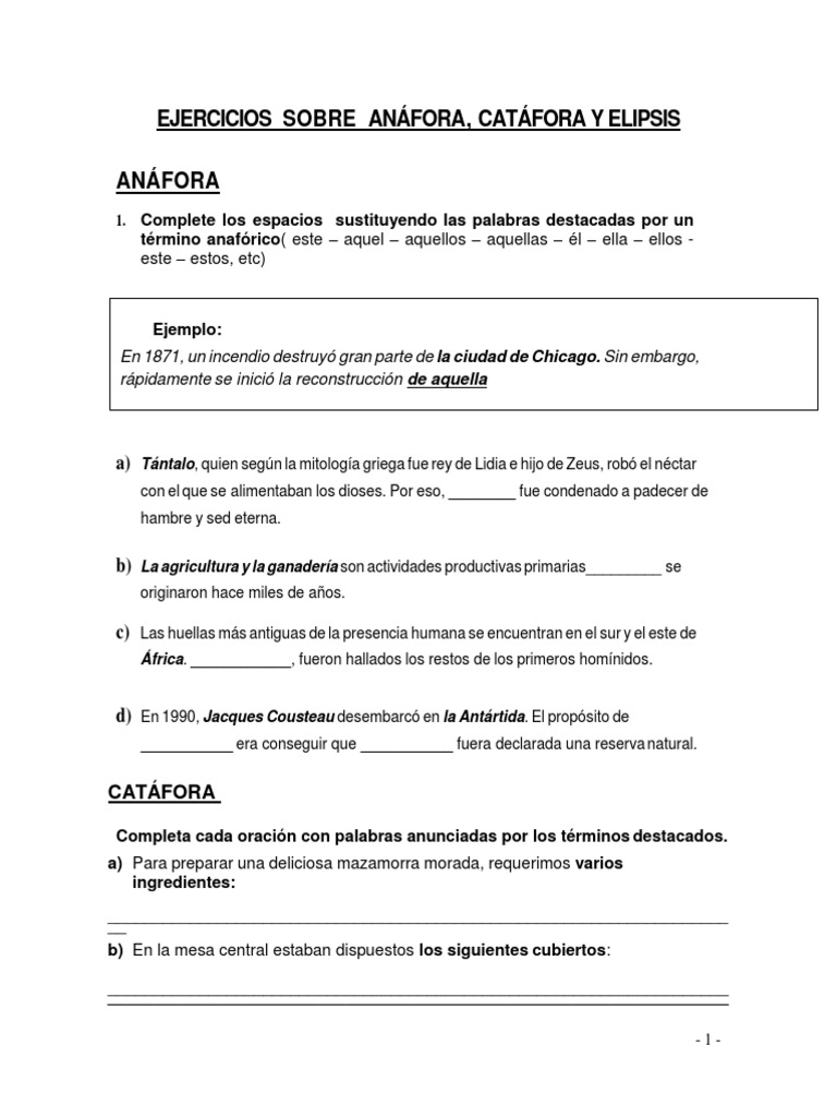 Ejercicios de Anáfora, Catáfora y Elipsis | PDF | Artes del Lenguaje y ...