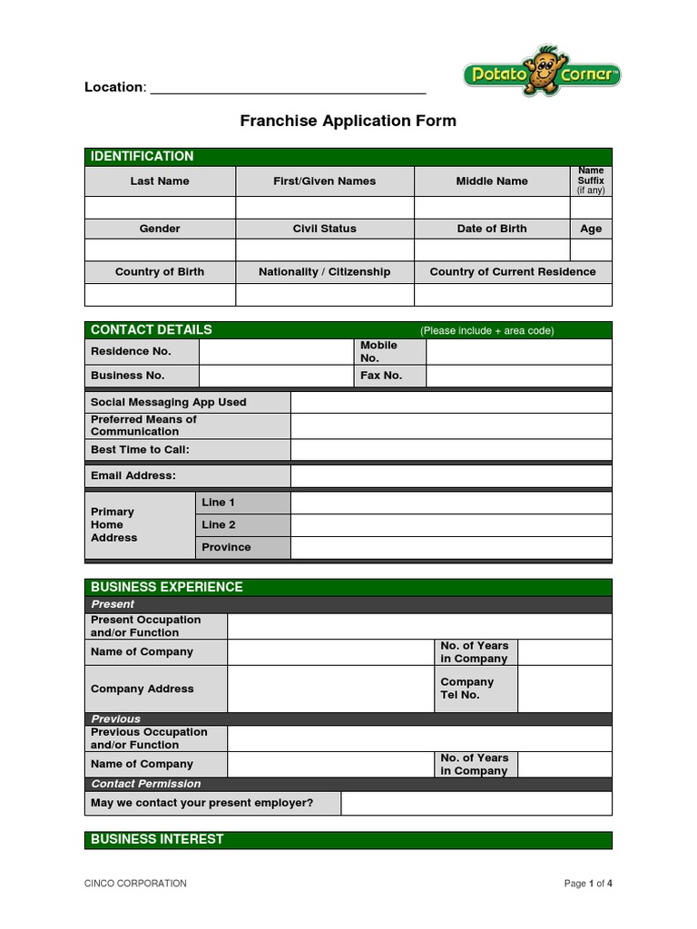 Application Form For Potato Corner Franchise | PDF | Credit (Finance ...