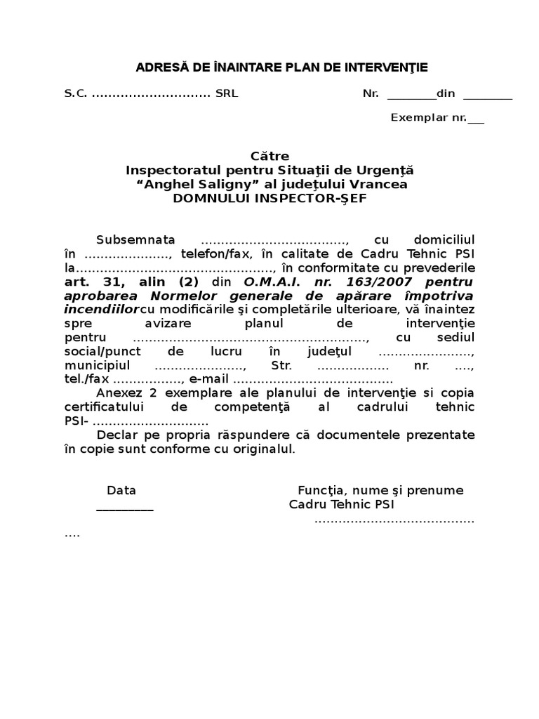 Adresa Inaintare Plan Interventie Model