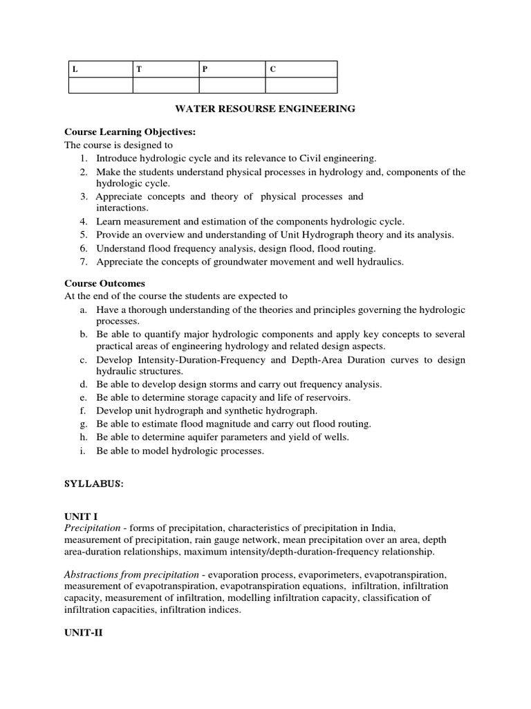 Water Resourse Engineering Course Learning Objectives:: L T P C | PDF ...