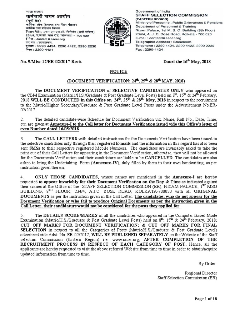 SSC ER Notice For Document Verification of Selection Posts Exam | PDF ...